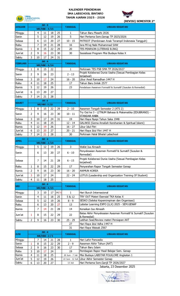Kalender Akademik - SMA LABSCHOOL BINTARO